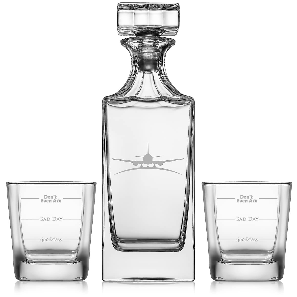 Whiskey Decanter Gift Set With 2 Whiskey Old Fashioned Rocks Glasses Airplane Pilot Flight Attendant Good Bad Day