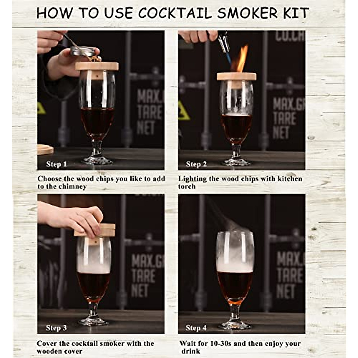 Cocktail Smoker Kit With 4 Cans Wood Chips Brush for Drinks,Gift for Drinks Lover, Dad, Husband,Old Fashioned Smoker Kit Drink Whiskey Smoker Infuser Kit Smoke Top For Cocktails