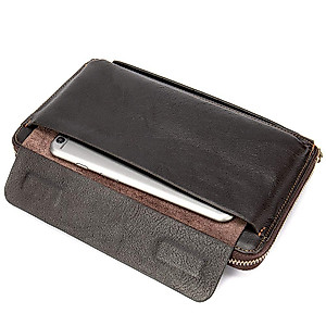 Real Leather Clutch Bags for Men Large Zip Around Genuine Leather Purse Vintage Retro Checkbook Handbag Coffee