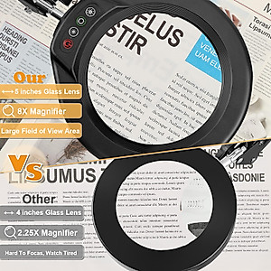 Veemagni 5 Inch Large Magnifying Glass with Light and Stand, 5 Color Modes Stepless Dimmable, 2*16 Inch Swivel Arm LED Clamp Desk Lamp, Hands Free 5X Lighted Magnifier for Close Work Crafts Soldering