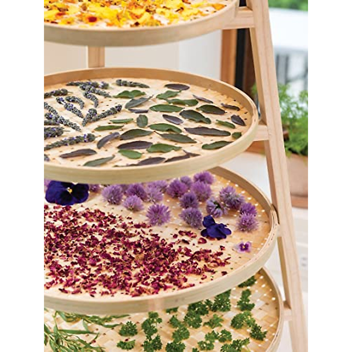 Gardener's Supply Company | Wooden Bamboo Herb Drying Rack | Floor Or Countertop Free Standing 4 Layers | with Removable Bamboo Mesh Trays | 20-1/2" W x 25" H