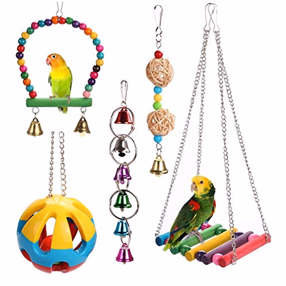 HappyToy 4pcs Bird Parrot Toys Play Set for Bird Cage, Colorful Chewing Hanging Swing Toy Bells, Ladder Swing for Small Parrots, Macaws, Parakeets, Conures, Cockatiels, Love Birds (Bird Swing Set3)