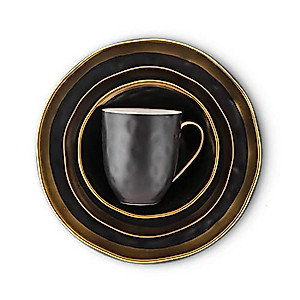 Stone Lain Porcelain 16 Piece Dinnerware Set, Service for 4, Black and Golden Rim