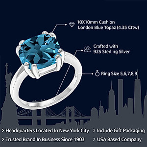 Gem Stone King 4.35 Cttw London Blue Topaz Engagement Double Prong Ring For Women In 925 Sterling Silver | 10MM Cushion Cut | Gemstone Birthstone | Available In Size 5, 6, 7, 8, 9
