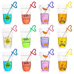 24 Set Drink Pouches Beverage Juice Bags with Straws and Zipper Drinking Cups for Birthday Cheers Stand-up Carnival Party Favor
