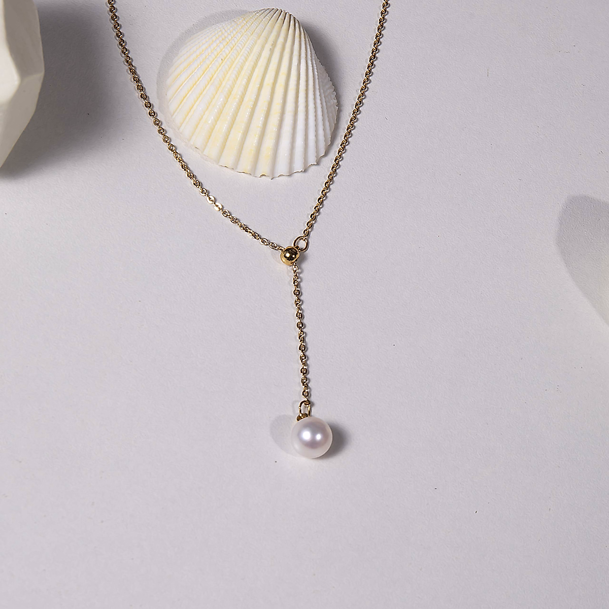 Cowlyn Y-Shaped Necklace 18K Gold Dainty Pearls Pendant Drop Long Chain Jewelry for Women