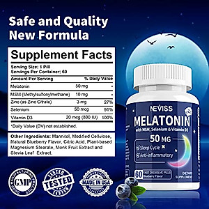 Sugar-Free Melatonin 50 mg for Adults - Fast Dissolve & Chewable Sublingual - Extra Strength Melatonin with MSM, Selenium & Vitamin D3, for Relaxation, Health Rest Cycle, Deep Zzzs,Immune,120 Servings