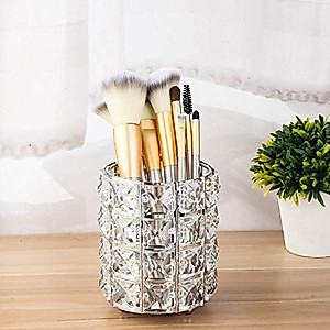 Feyarl 2pcs Crystal Makeup Brush Holder Silver Bling Handcrafted Comb Brush Pen Pencil Holder Pot Cup Storage Cosmetic Tools Organizer Container Candle Holder for Valentine Gift Bedroom Dresser Office
