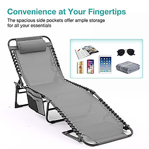 Unovivy Set of 2 Outdoor Lounge Chairs Fold TanningChair 4-Level Adjustable, Portable Pool LoungeChair with Headrest&SidePocket, Gray
