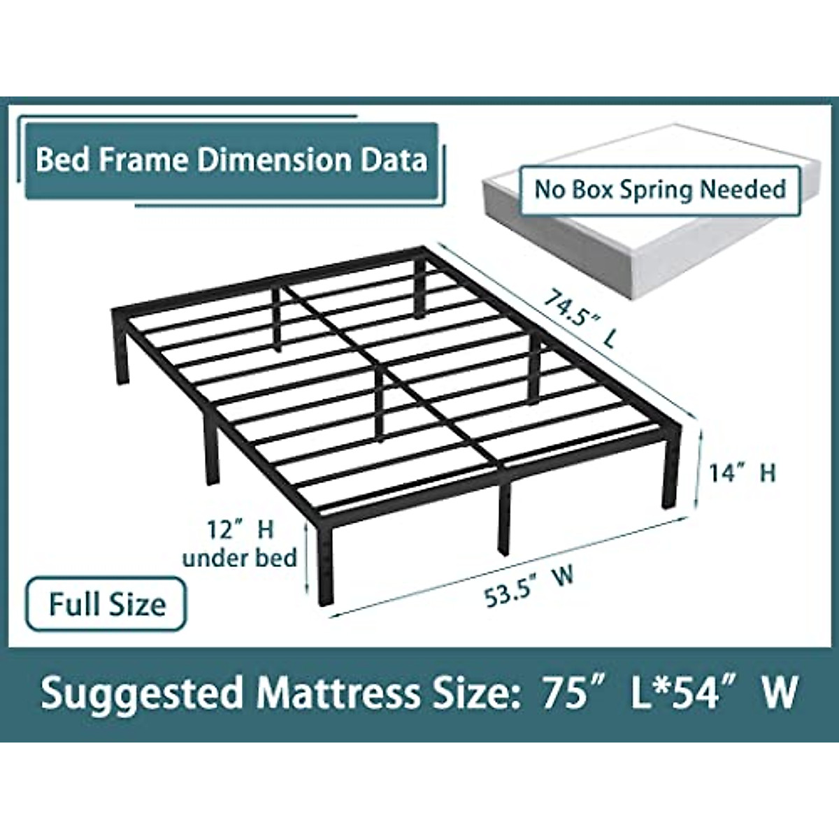 Rooflare Full Bed Frame 14 Inch High 9 Legs Max 3500lbs Heavy Duty Metal Full Size Platform for Boys Girls Kids No Box Spring Needed Black Easy to Assemble-Black