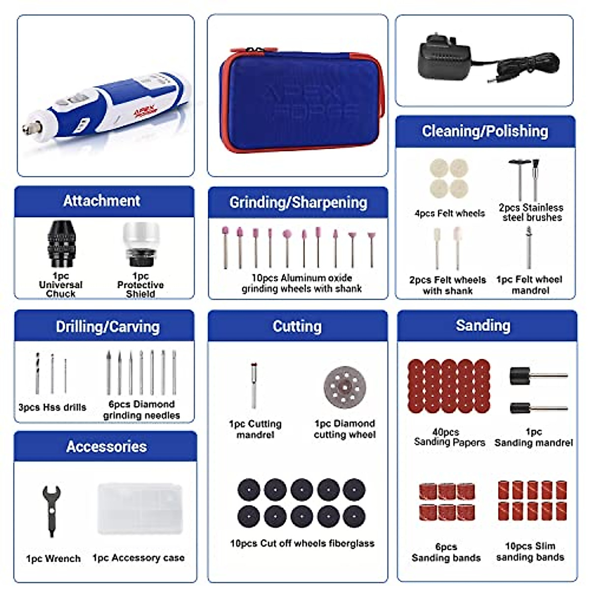 APEXFORGE M8 Cordless Rotary Tool, 8V 2.0Ah Rechargeable Battery, 5-Speed 5000-30000RPM, Keyless Chuck, 101Pcs Accessories, Shield Attachment, Long Endurance Power, Ideal for Sanding,Grinding,Cutting