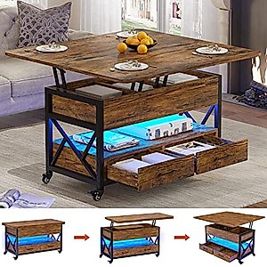 Itaar 40" Lift Top Coffee Table, 4 in 1 Coffee Tables with Storage for Living Room, Small Farmhouse Coffee Table with 2 Drawers & LED Light for Dining Reception Room, Rustic Brown