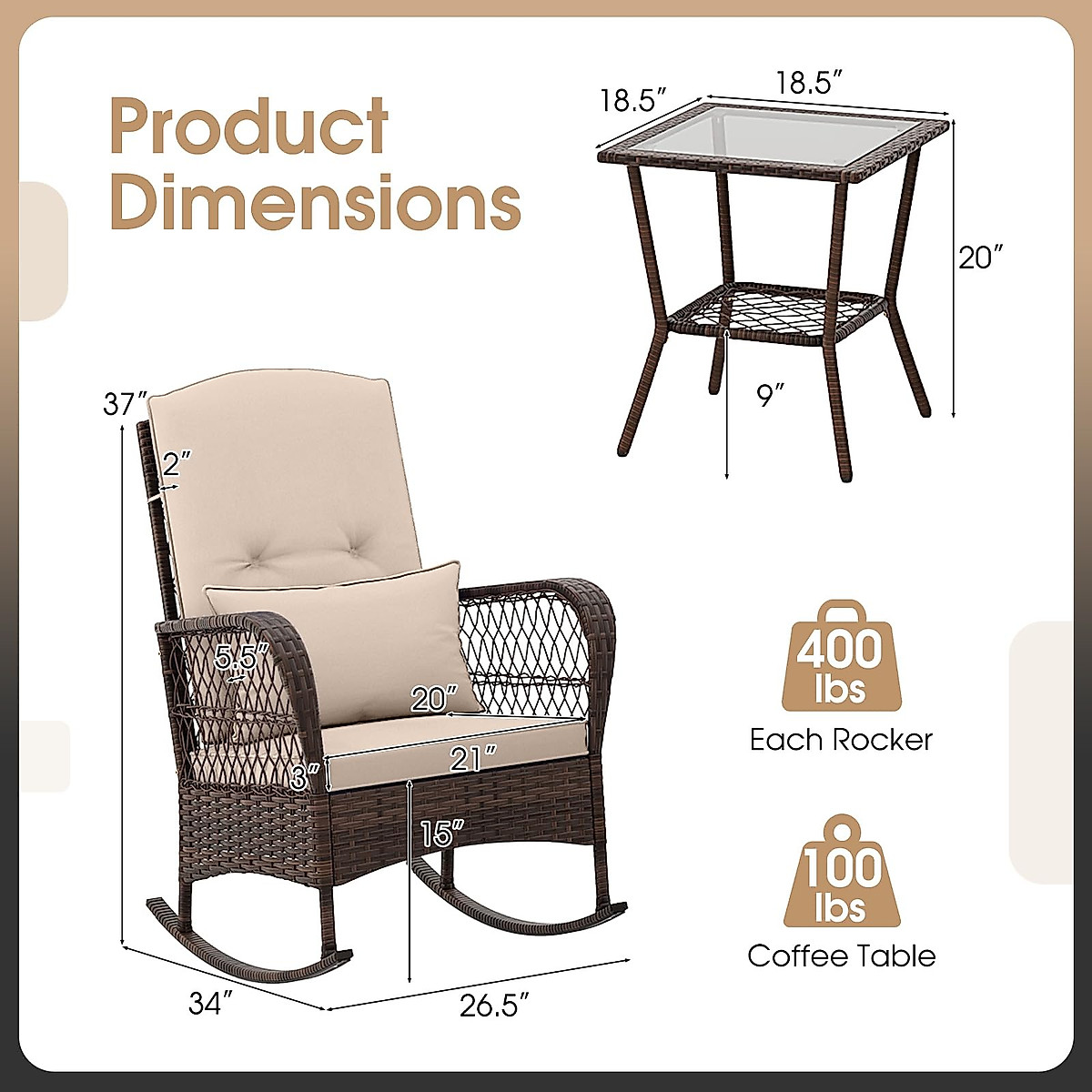 RELAX4LIFE 3-Piece Rocking Bistro Set - Rattan Wicker Rocking Chairs w/2-Tier Coffee Table, Cushions & Pillows, Conversation Rocker Set for Porch Garden Backyard, Outdoor Patio Furniture (Beige)