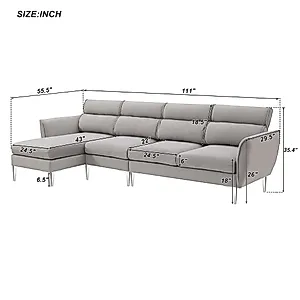 KoiHome 111" Convertible Sectional, Flannel L Shape Upholstered Living Room Couch with Left/Right Facing Handed, 5 Seats Indoor Modular Sofa Chaise for Office,Apartment, Metal Legs, Grey