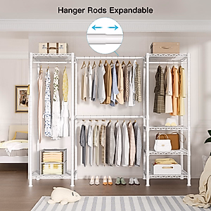 Ulif E7 Heavy Duty Garment Rack, Clothes Organizer and Storage Rack with Expandable Hangers, Metal Clothing Rack with 6 Wire Shelves, (52.3"-72") W x 14.5" D x 71.2" H, Load 740 LBS, White