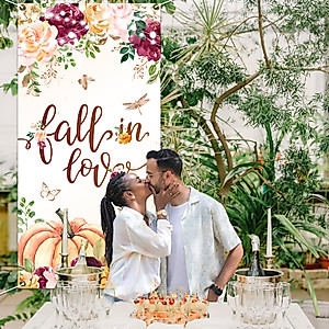 Fall in Love Door Cover Fall Bridal Party Decorations Autumn Floral Pumpkin Door Cover Backdrop Cover Decorations for Fall Anniversary,Wedding,Bride to Be Party