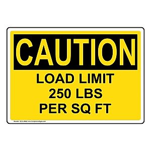 ComplianceSigns.com CAUTION Load Limit 250 Lbs Per Sq Ft OSHA Safety Sign, 10x7 in. Plastic for Industrial Notices
