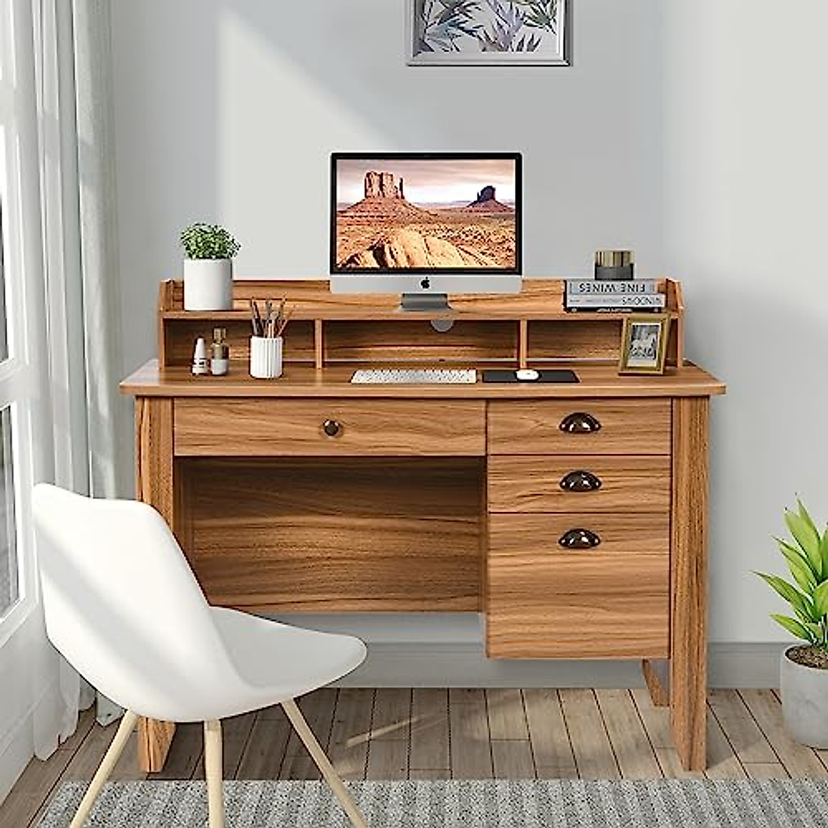 Computer Desk with Storage, Home Office Desk Vintage Desk with 4 Drawers & Hutch, Home Desk Computer Table Desk with Drawers for Bedroom, Farmhouse Desk, Rustic Oak