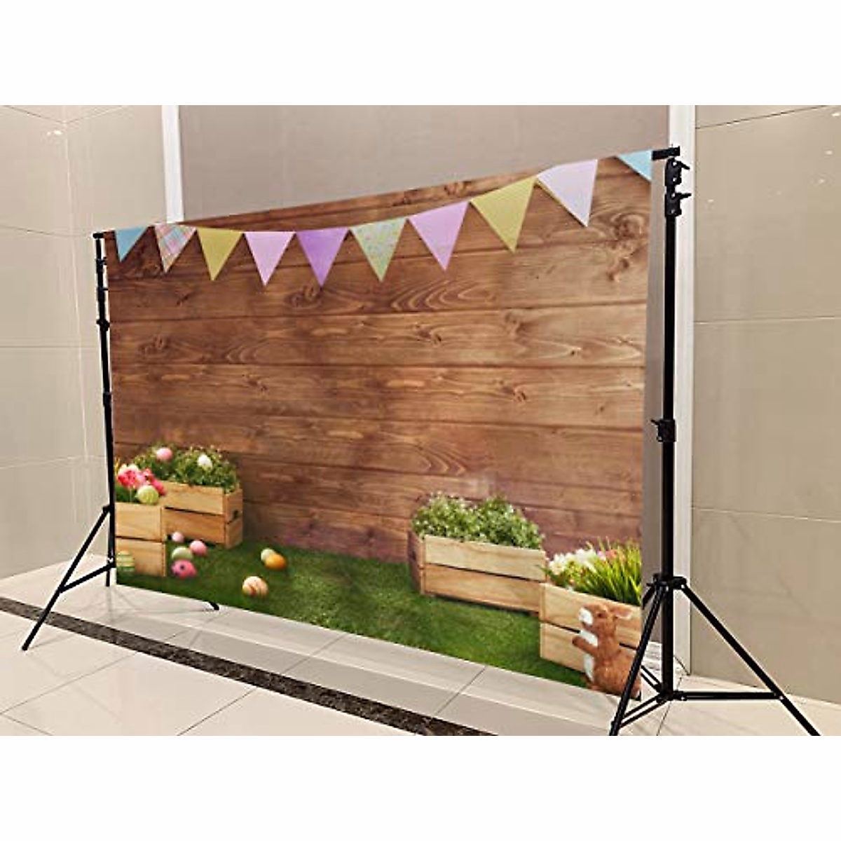 Easter Backdrops for Photography Fabric Backdrop Rustic Grass Ground Colorful Flag Backdrops for Children,Studio,Party Brown Wood Wall Photo Studio Shooting 7x5ft