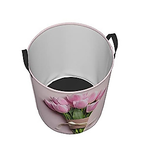 Pretty Pink Tulip Flower Laundry Basket for Women Teens Girls Room, Large Collapsible Floral Print Laundry Hamper Dirty Clothes Bag with Handles Washing Storage Bin for Clothes Toys Bedroom Bathroom