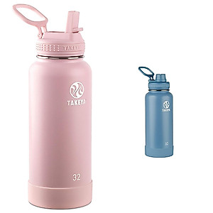 Takeya Actives Insulated Stainless Steel Water Bottle with Straw Lid, 32 Ounce, Blush & Actives Insulated Stainless Steel Water Bottle with Spout Lid, 32 Ounce, Bluestone