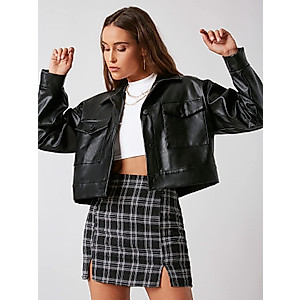 MakeMeChic Women's Faux PU Leather Jacket Long Sleeve Button Down Cropped Outerwear Coat Black S