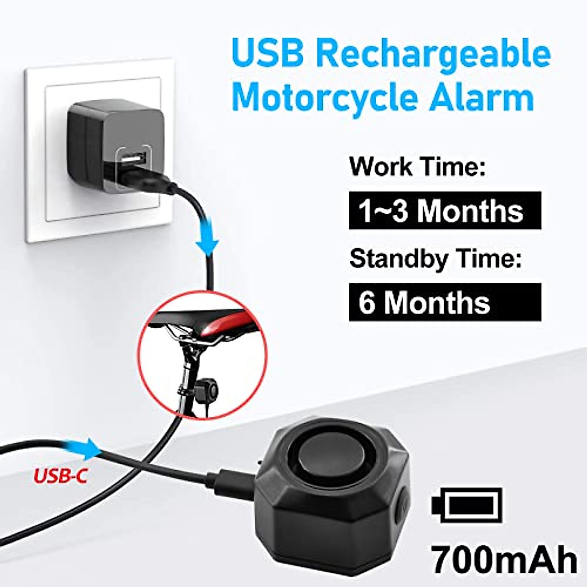 Bike Alarm USB Rechargeable with Mount, Motorcycle Alarm with Remote Motion,Wireless Bicycle Anti Theft System,Waterproof Vibration Alarm for Ebike Electric Bike Scooter Car (1 Pack)