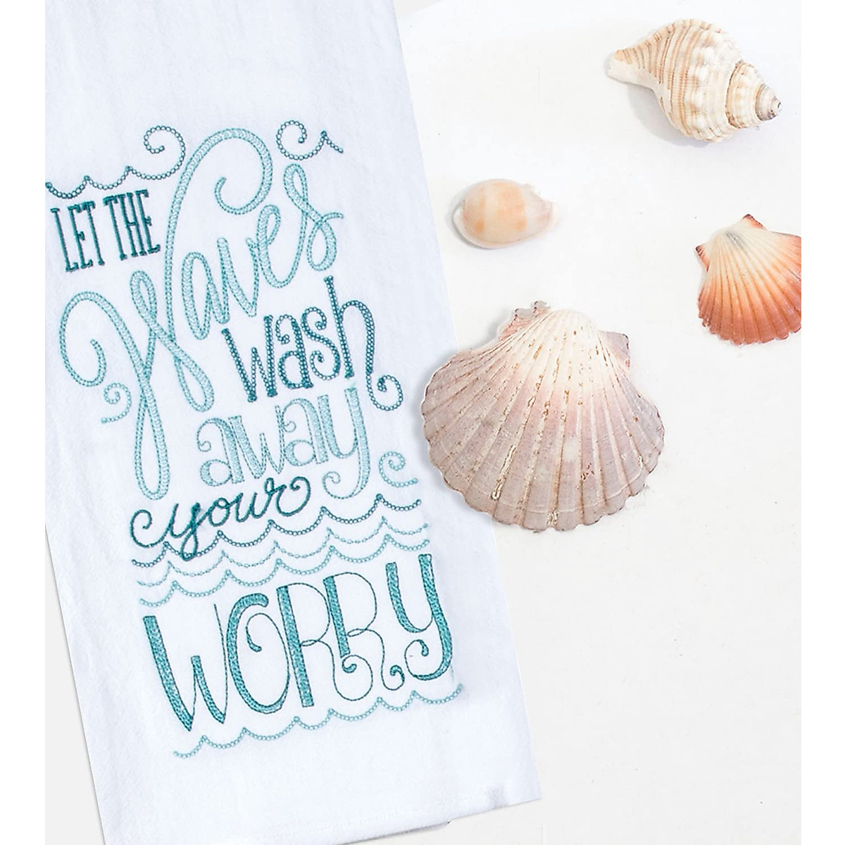 2 Coastal Dish Towels - Beach Kitchen Towels with Sayings | Ocean, Tropical, Seashell Theme Flour Sack Towel Set | Sea Life Towels for Dishes, Hand, Lake House, Beach House Decor with Recipe Card