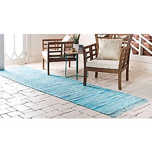 Unique Loom Chindi Cotton Collection Soft Hand Woven Natural Fiber Striped Area Rug, 2 ft 2 in x 6 ft 7 in, Turquoise/Ivory