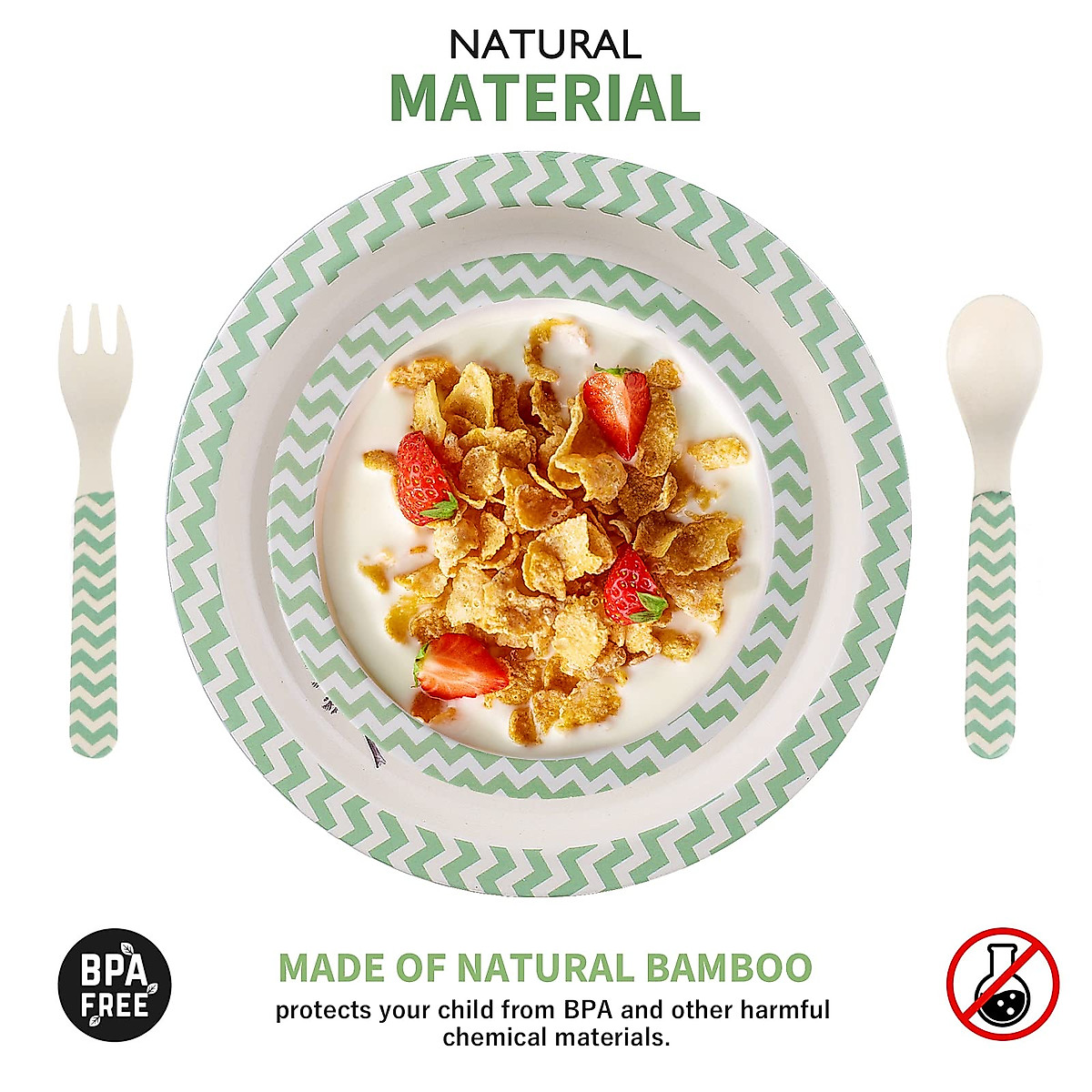 Greentainer 5 PC Kids Toddler Dinnerware Sets Bamboo Toddlers Dishes Set Kids Feeding Plates and Bowls Sets with Sunction and Utensil Flatware Durable & BPA Free