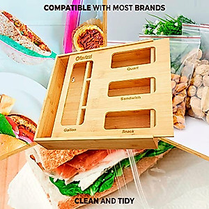 Favizzi Drawer Storage Organizer for Ziploc Bags, Premium Bamboo Kitchen Drawer Bags Organizer and Dispenser, Fits Gallon, Quart, Sandwich and Snack Bags