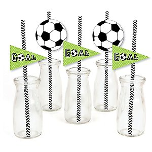 Big Dot of Happiness Goaaal - Soccer Paper Straw Decor - Baby Shower or Birthday Party Striped Decorative Straws - Set of 24