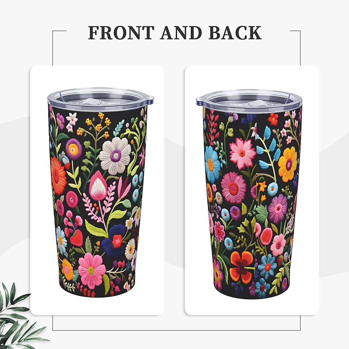 AYCZN Embroidered Flower Insulated Tumbler with Lid and Straw, Spring Floral Stainless Steel Coffee Mug 20oz Water Bottle Leakproof Travel Thermal Cup