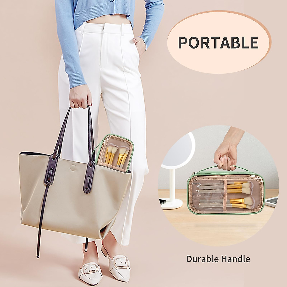 OCHEAL Clear Makeup Bag, Portable Makeup Storage Organizer Cosmetic Bag, Travel Makeup Bag Cute Clear Pouch For Women and Girls Cosmetics Bags with Divider Makeup Brush Compartment-Green