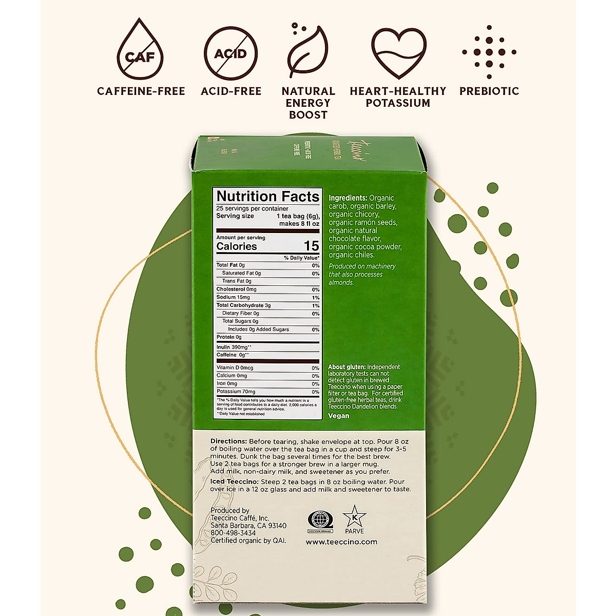 Teeccino Chocolaté Herbal Tea - Rich & Roasted Herbal Tea That’s Caffeine Free & Prebiotic for Natural Energy, 25 Tea Bags