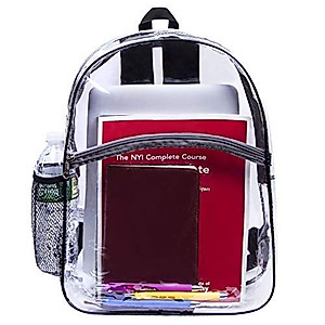 Vinyl Security Clear Bag Stadium Approved Backpack Bookbag with Black Trim Adjustable Straps & Mesh Side