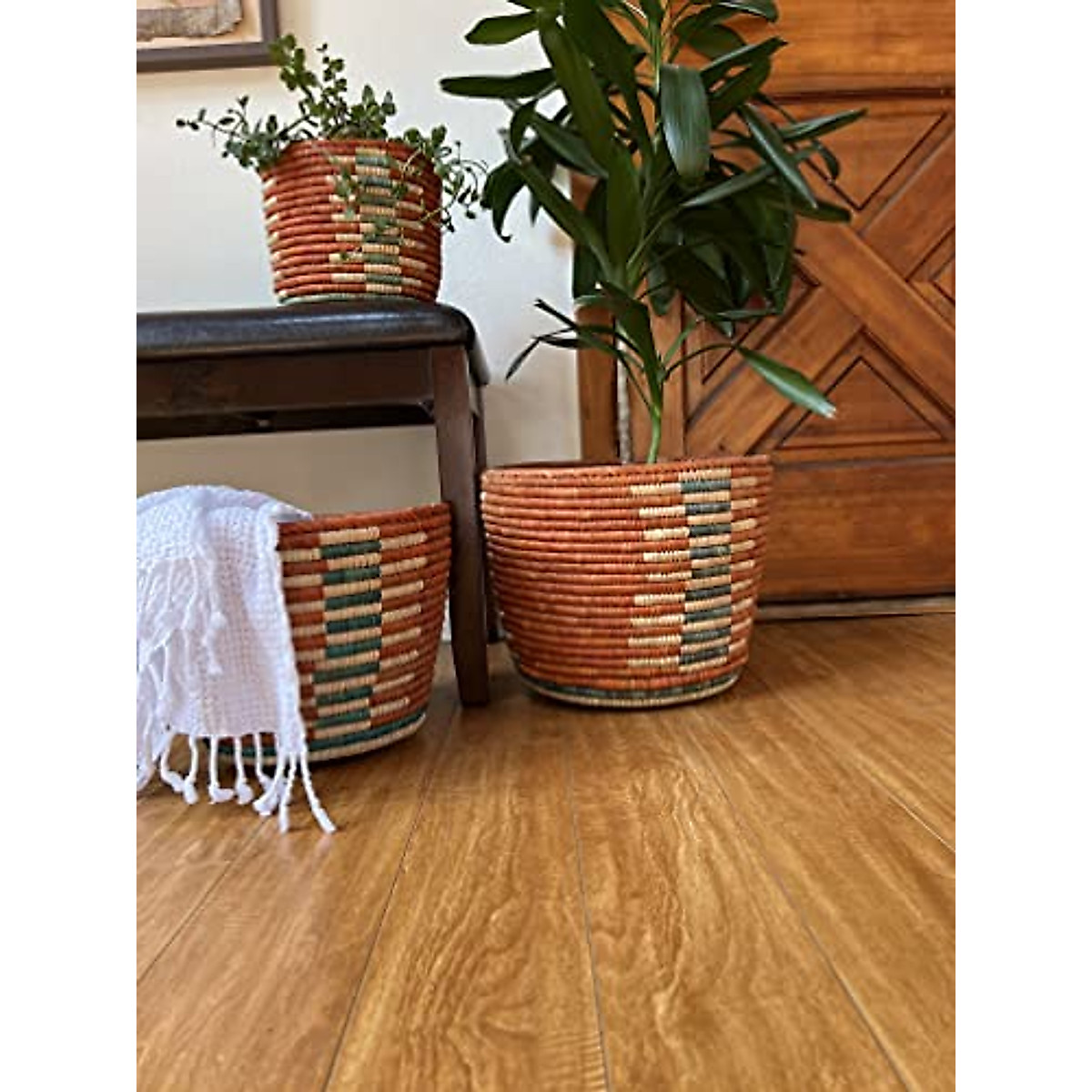 Artizenway Handmade Boho Plant Basket - Woven Planter Baskets - Plant Pot Cover Baskets for Plants - Date Palm Leaves Decorative Pattern Baskets - Storage Organizer (set of 3, Horizontal)