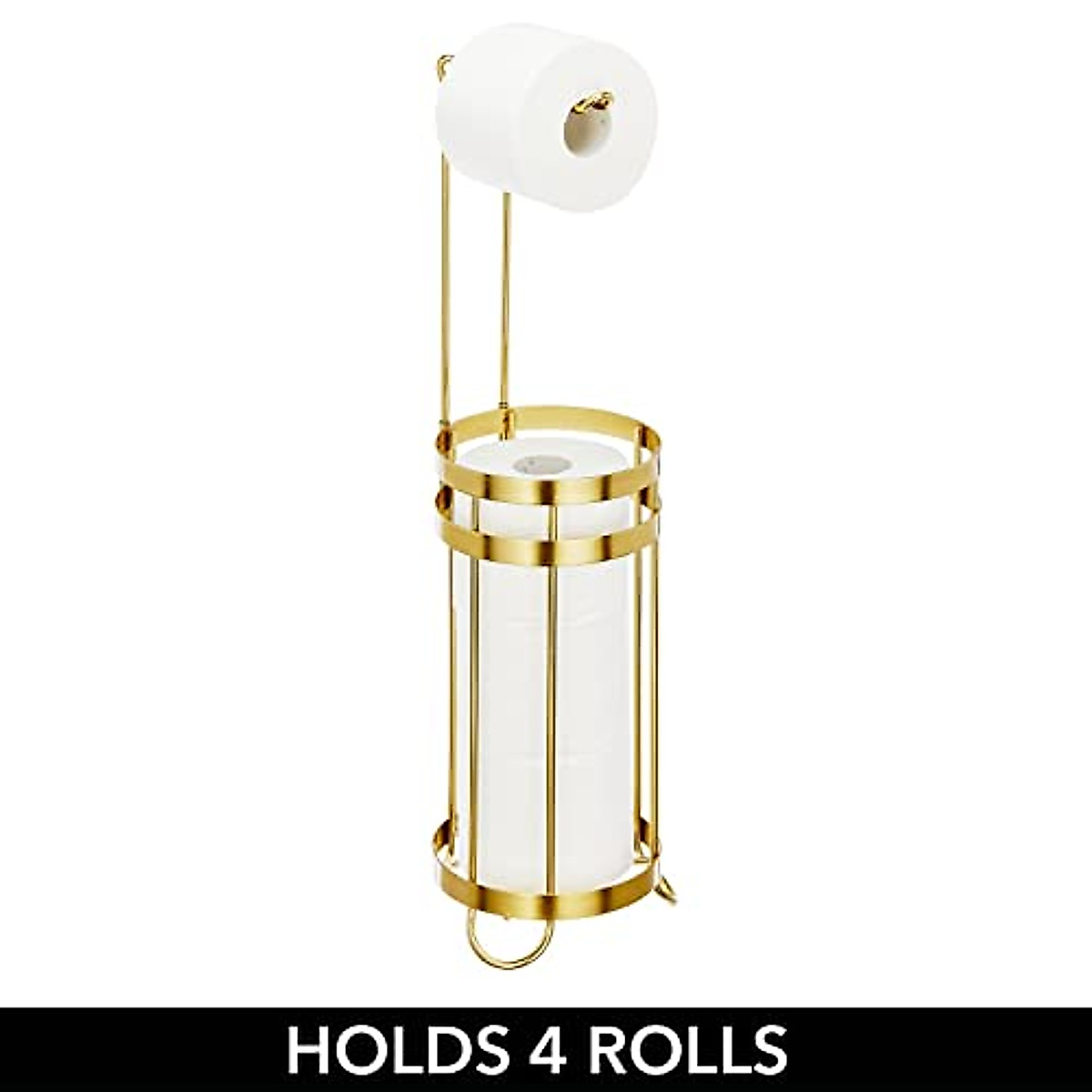 mDesign Metal Free Standing Toilet Paper Holder Stand and Dispenser, with Storage for 3 Spare Rolls - for Bathrooms/Powder Rooms - Holds Mega Rolls - Soft Brass