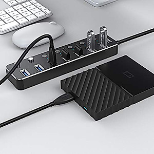 VEMONT USB hub Aluminum USB 3.0 Data Hub with Individual On/Off Switches and LED Lights for Laptop, PC, Computer (4ft/120cm) (7port)