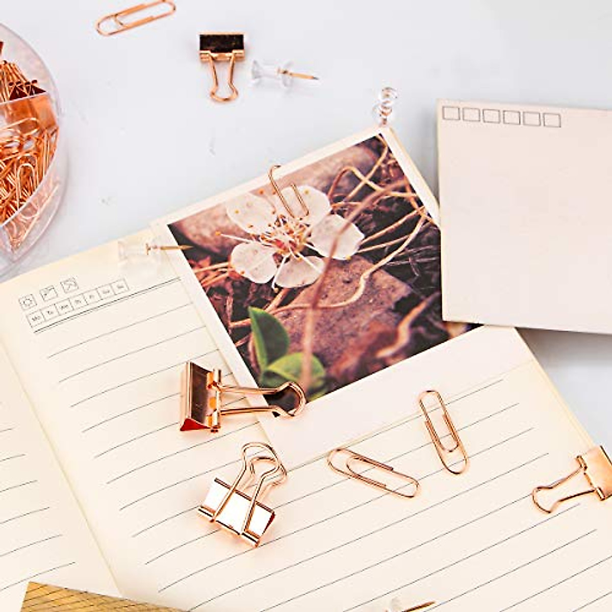 Push Pins Binder Clips Paperclips Sets for Office, School and Home Supplies, Desk Organized, 72 Pcs Assorted Sizes (Rose Gold)
