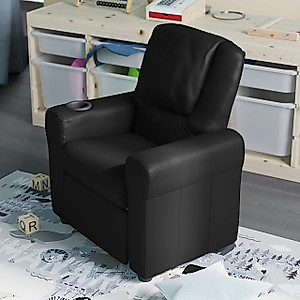HBCY Creations Kid's Recliner - Black Faux Leather Upholstery - Integrated Cupholder - Padded Headrest - Safety Recline Feature