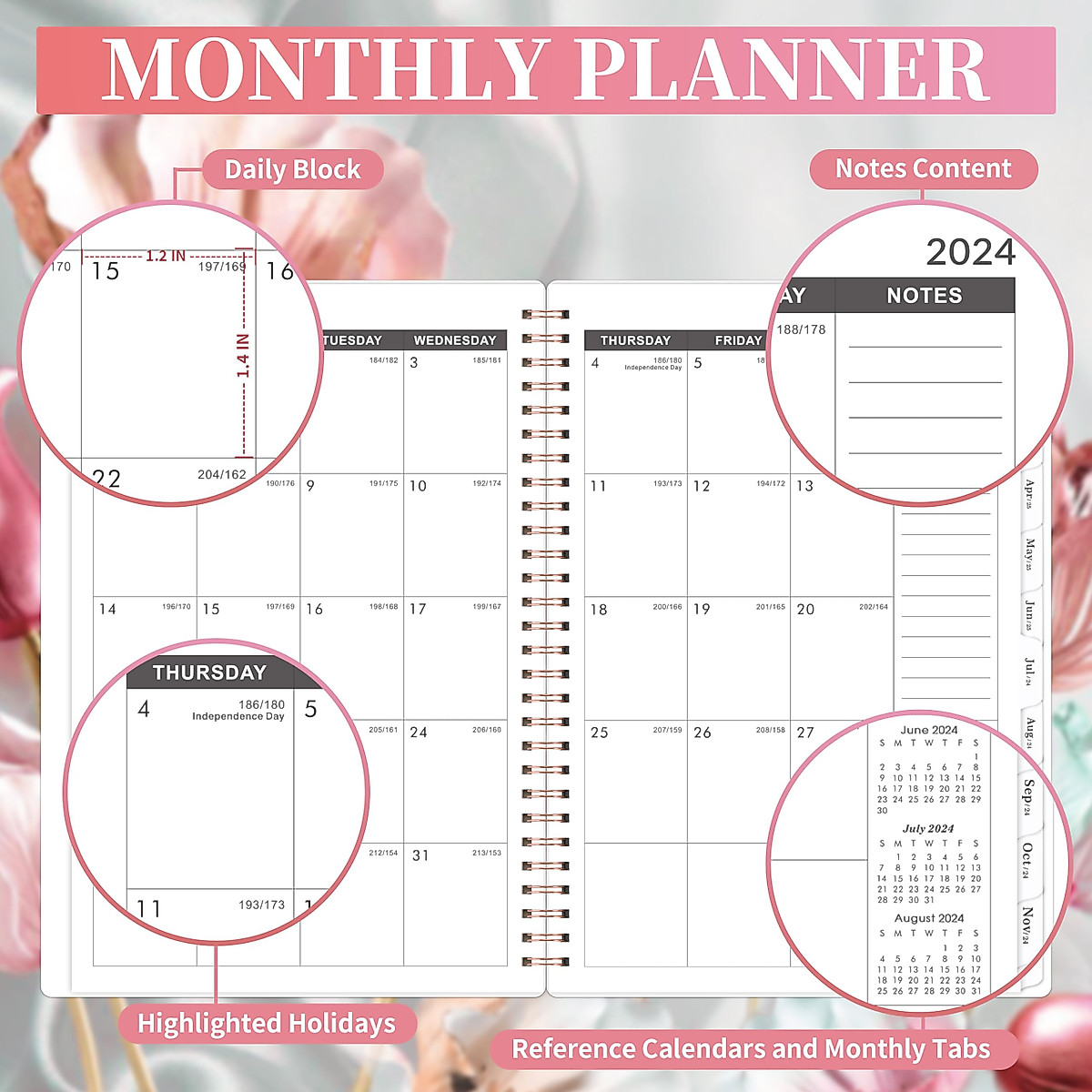 2024-2029 Monthly Planner Spiral Bound - 5 Year Monthly Planner/Monthly Calendar 2024-2029, Jul. 2024 - Jun. 2029, 6.4" x 8.5" - Pink Flower