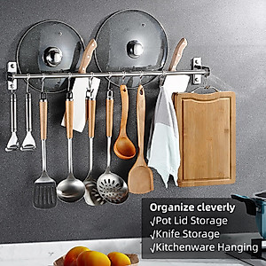 ASkinds Utensil Hanging Rack Stainless Steel Rail Hanger Rod Wall Mounted Pot Pan Lid Holder Cookware Storage Organizer with Sliding Hooks for Kitchen Bathroom
