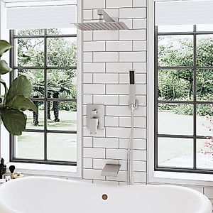 HomGoo Shower System with Tub Spout, Wall Mounted Tub Shower Faucet Set for Bathroom with High Pressure 10'' Rain Shower Head and Handheld Shower head Set, Brushed Nickel