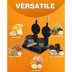 PYY Double Bubble Waffle Maker Commercial Waffle Maker Non-stick Hong Kong Egg Waffle Maker for Home Use Stainless Steel Pancake Maker 180° rotate, 1500W 110V Electric Cone Maker 122-482℉