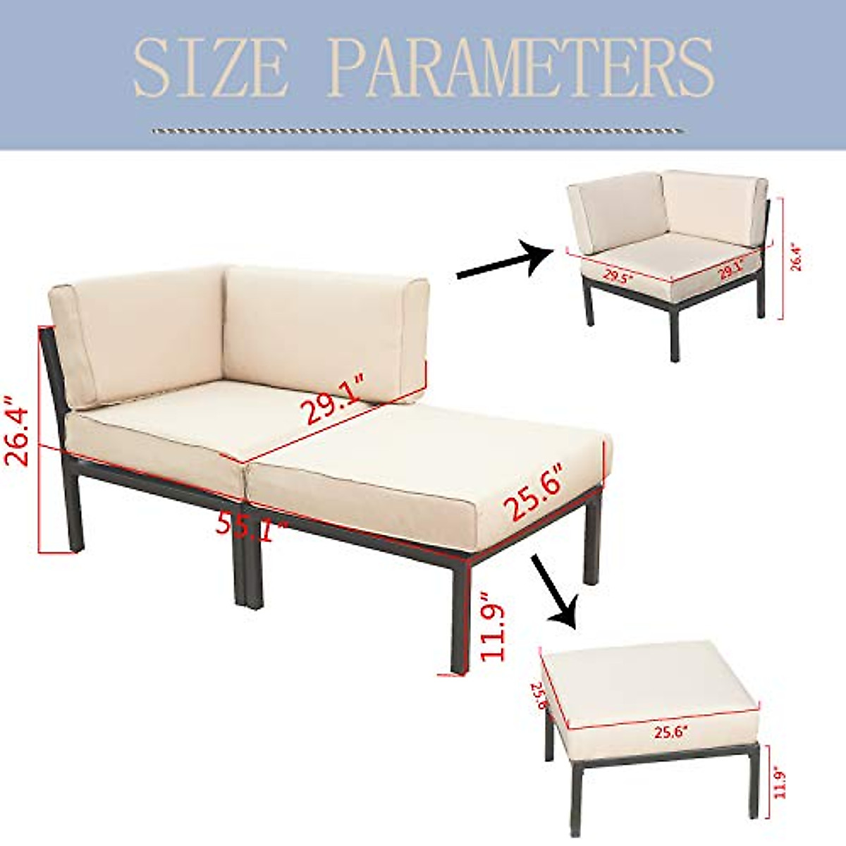 LOKATSE HOME 2 Piece Patio Furniture Set Sectional Balcony Corner Outdoor Loveseat Couch Armchiar Sofa with Ottoman Metal Steel Frame, Khaki