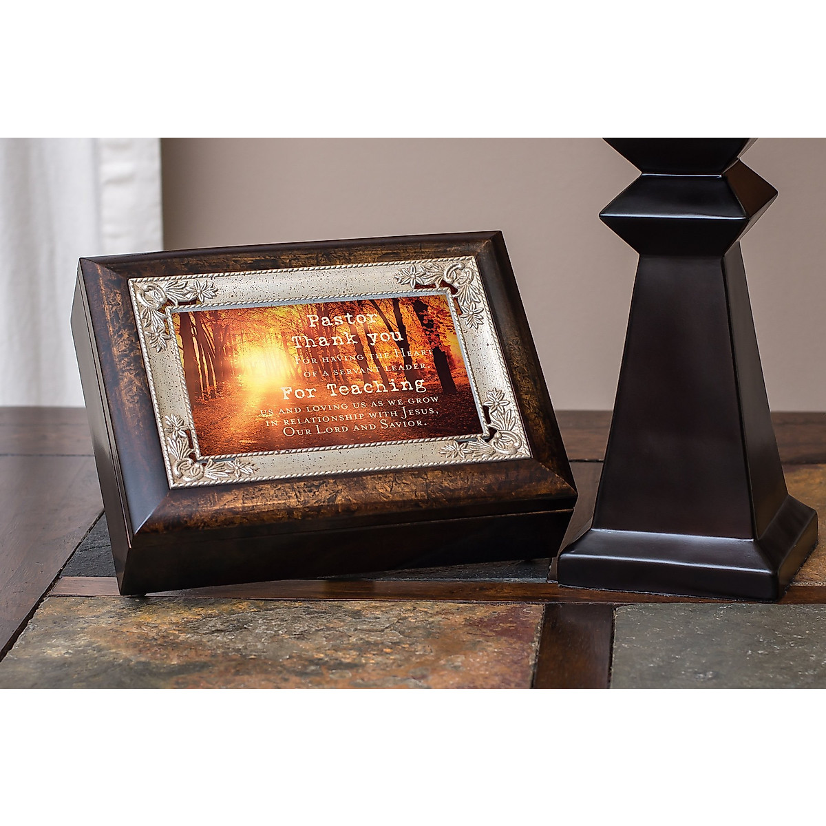 Cottage Garden Pastor Thank You Burlwood Jewelry Music Box Plays Amazing Grace