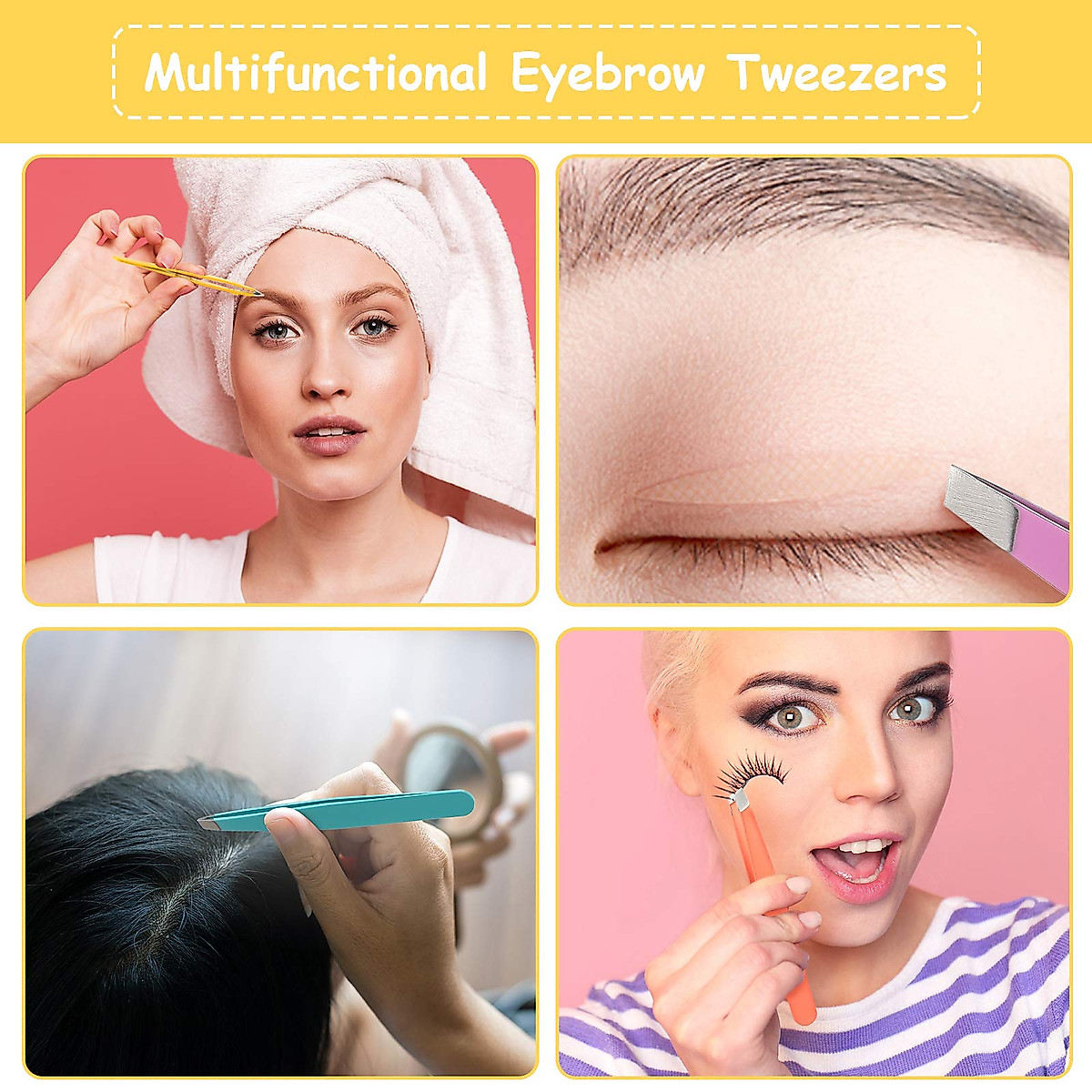 16 Pieces Slanted Tweezers, Eyebrow Slanted Tip Tweezers Precision Stainless Steel Eyebrow Tweezers for Eyebrows, Ingrown Hair, Facial Hair and Lash Extension (Orange, Purple, Blue, Yellow)