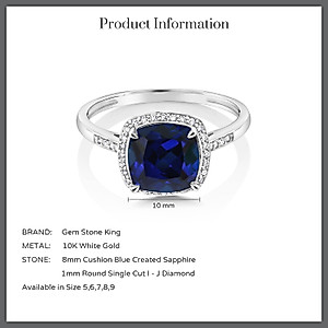 Gem Stone King 10K White Gold Cushion Cut 8MM Birthstone and Accent Diamonds Halo Engagement Ring For Women|Wedding Anniversary Promise Available In Size 5, 6, 7, 8, 9 (Created Sapphire, September,8)