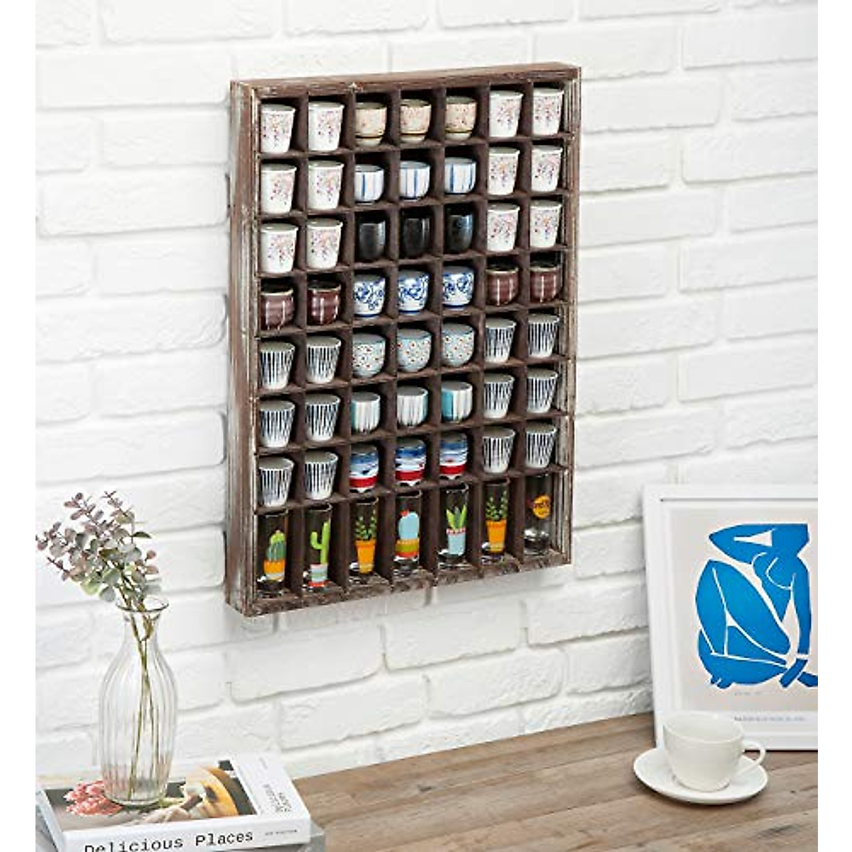 J JACKCUBE DESIGN - Rustic Wood Shot Glasses Display Case 56 Compartments Wall Mount Pint glass Shadow box Bar Cabinet Collection Freestanding - MK524A